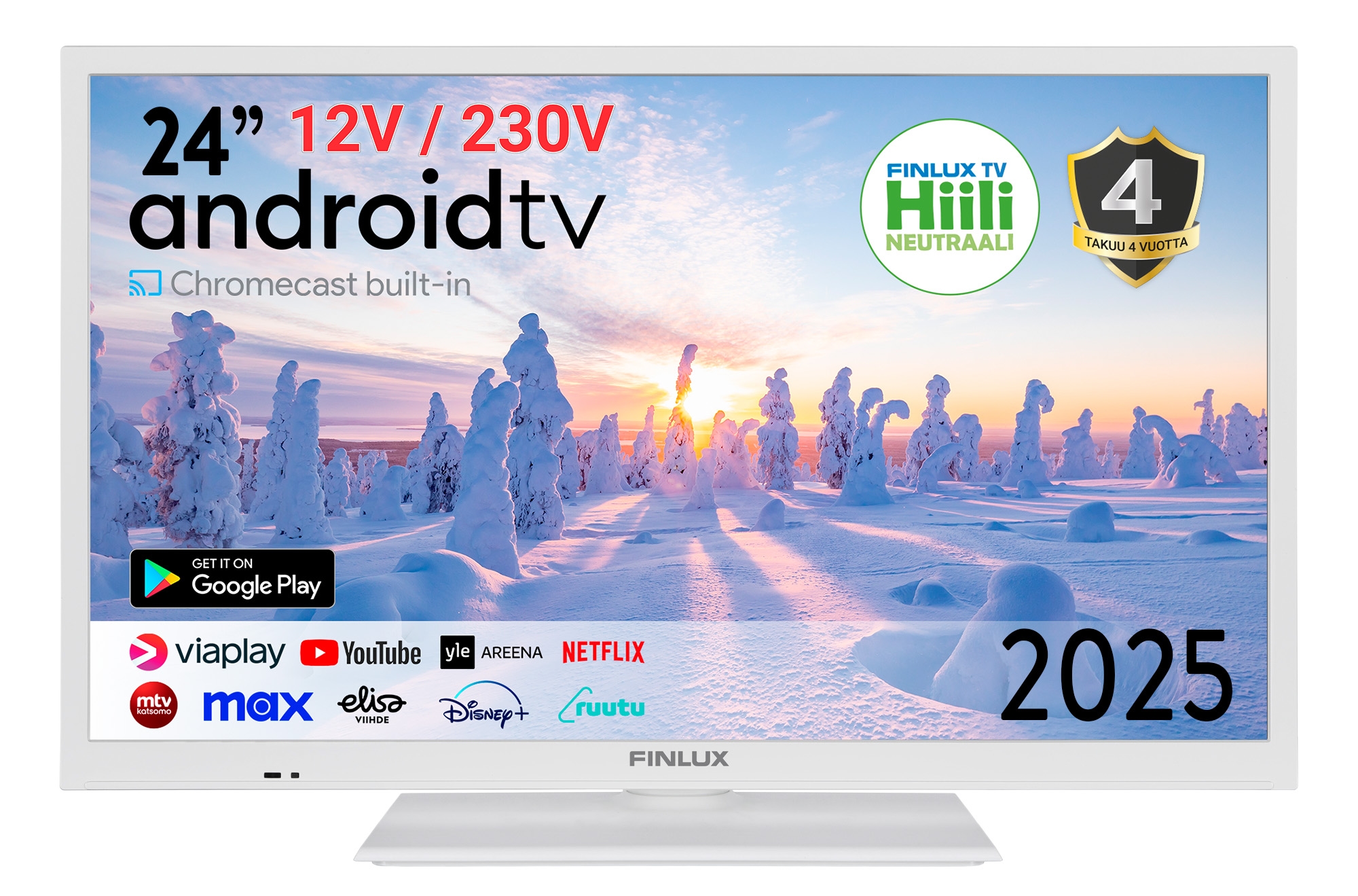 FINLUX 24" M7 VALKOINEN ANDROID SMART TV 12V tuella (2025) - Finlux